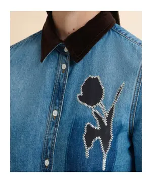 Marni Denim Mini Dress With Velvet Collar And Pleated Skirt