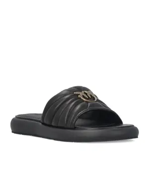Pinko Quilted Logo Appliqué Slide Sandals - Black