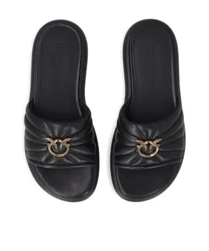 Pinko Quilted Logo Appliqué Slide Sandals - Black