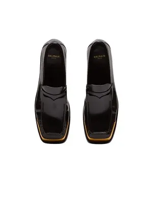 Balmain Square-toe Glazed Leather Loafers With Gold Cap Toe
