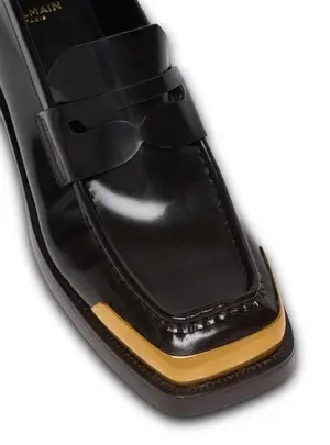 Balmain Square-toe Glazed Leather Loafers With Gold Cap Toe