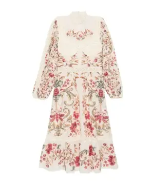 Farm Rio Royal Garden Midi Dress With Mock Neck And Long Sleeves - Nude
