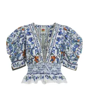 Farm Rio Flora Tile Smocked Organic Cotton Blouse - Off White