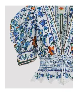 Farm Rio Flora Tile Smocked Organic Cotton Blouse - Off White