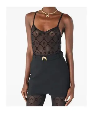 MARINE SERRE Moonogram Mesh Flocked Straps Top - Black
