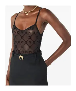 MARINE SERRE Moonogram Mesh Flocked Straps Top - Black