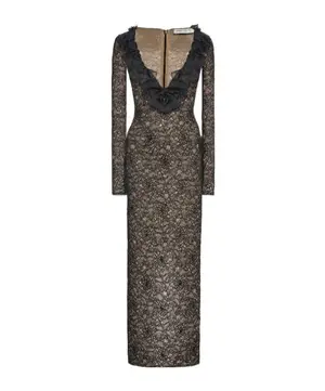 Alessandra Rich Long Sleeve Lace Gown - Black