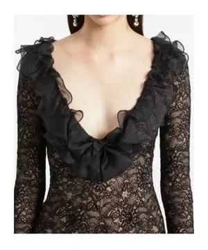 Alessandra Rich Long Sleeve Lace Gown - Black