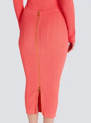 Balmain Cable-knit Midi Skirt With Gold-tone Buttons - Pink