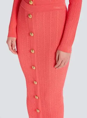 Balmain Cable-knit Midi Skirt With Gold-tone Buttons - Pink
