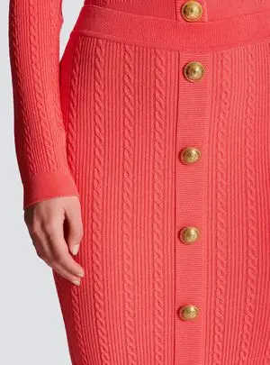Balmain Cable-knit Midi Skirt With Gold-tone Buttons - Pink