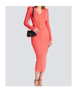 Balmain Cable-knit Midi Skirt With Gold-tone Buttons - Pink
