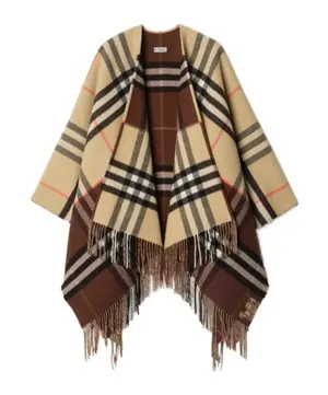 Burberry Checked Fringed Cape - Sand Beige/molasses Brown
