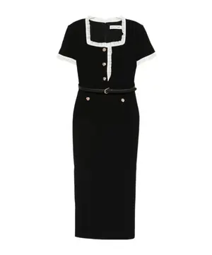 SELF-PORTRAIT Belted Midi Dress With Frill Trim