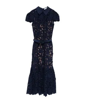 SELF-PORTRAIT Guipure Lace Midi Dress With Revere Collar - Navy