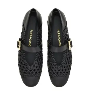 FERRAGAMO Gancini Buckle Woven Ballet Flat - Black