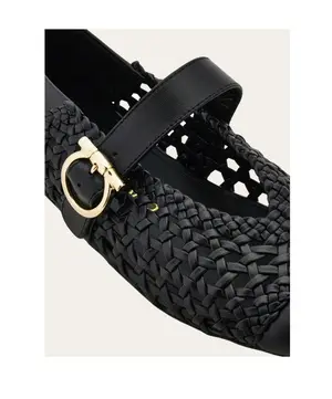 FERRAGAMO Gancini Buckle Woven Ballet Flat - Black