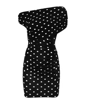 SELF-PORTRAIT Polka Dot Asymmetrical Neckline Ruched Mini Dress