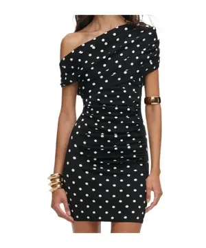 SELF-PORTRAIT Polka Dot Asymmetrical Neckline Ruched Mini Dress