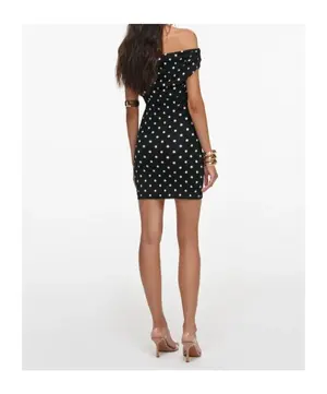 SELF-PORTRAIT Polka Dot Asymmetrical Neckline Ruched Mini Dress