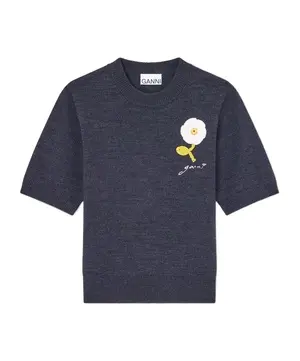 GANNI Knitted T-shirt With Crochet Appliqu