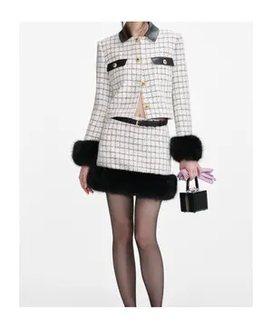 SELF-PORTRAIT Checked Faux Fur Cuff Jacket