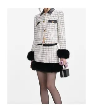 SELF-PORTRAIT Checked Faux Fur Cuff Jacket