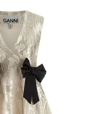GANNI Satin Cloque Long Dress With Bow Appliqu - White
