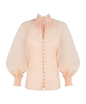 Zimmermann Rebellion Collared Blouse With Lace Trim And Billow Sleeves - Peach