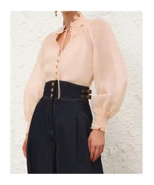 Zimmermann Rebellion Collared Blouse With Lace Trim And Billow Sleeves - Peach