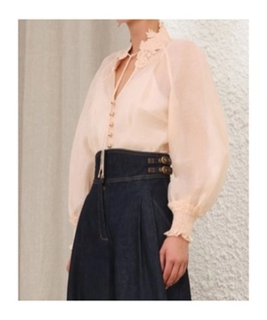 Zimmermann Rebellion Collared Blouse With Lace Trim And Billow Sleeves - Peach