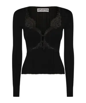 SELF-PORTRAIT Lace Trim Plunge Knit Top - Black