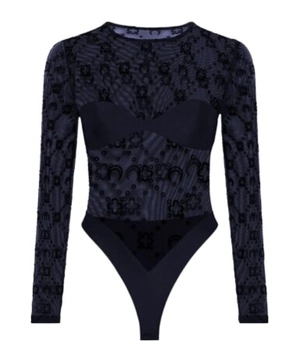 MARINE SERRE Monogram Mesh Flocked Bodysuit Top - Black