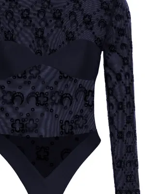 MARINE SERRE Monogram Mesh Flocked Bodysuit Top - Black