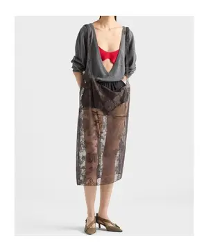 Prada Chantilly Lace Midi Skirt With Suspender Straps - Ebony