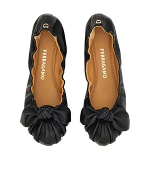 FERRAGAMO Nappa Leather Bow Embellished Ballet Flats - Black