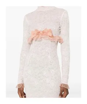 Alessandra Rich Long Sleeve Lace Dress With Bow And Ruffles - Pink