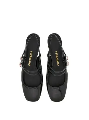 FERRAGAMO Patent Leather Mary Jane Slingback With Crystal Embellishments