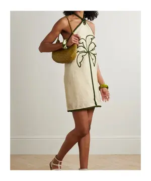 Farm Rio Tree-embroidered Halterneck Mini Dress