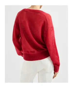 Brunello Cucinelli Sheer V-neck Knitted Sweater - Red