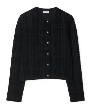 Burberry Checked Wool Blend Jacket With Crest Detail - Black