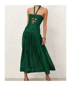 Zimmermann Halterneck Ruched Midi Dress With Cut-out Detail