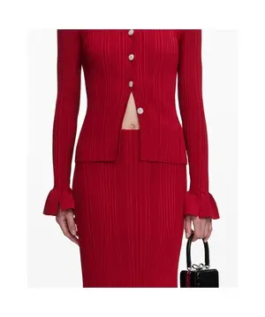 SELF-PORTRAIT Ribbed Knit Flared Midi Skirt