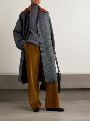 RÓHE Checked Wool Coat With Suede Collar - Grey