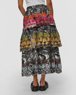 Farm Rio Embroidered Tiered Maxi Skirt - Black