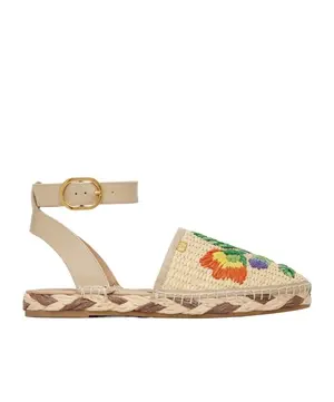 Valentino Garavani Polished Leather And Woven Espadrilles With Floral Embroidery - Natural/taupe