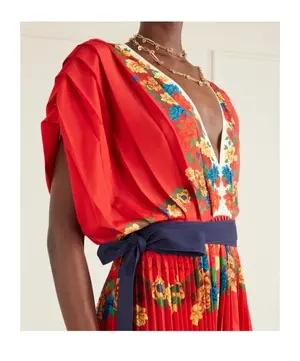 La DoubleJ Floral Print Pleated V-neck Dress