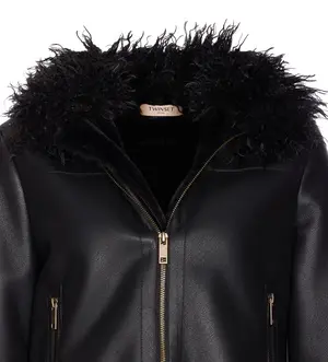 TWINSET Faux Leather Coat With Faux Fur Trim