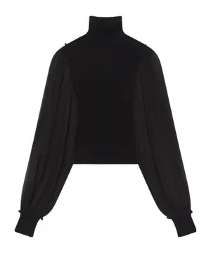 FRAME Ribbed Knit High-neck Blouse With Sheer Sleeves