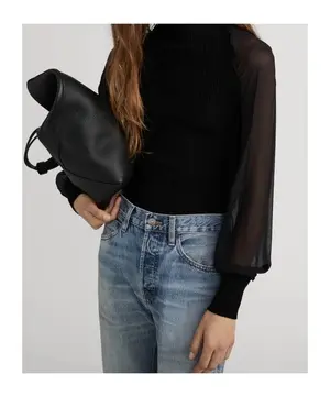 FRAME Ribbed Knit High-neck Blouse With Sheer Sleeves